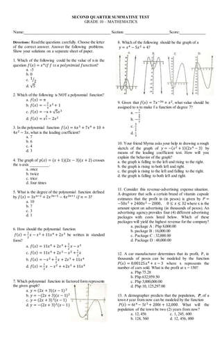 Grade 10 Math - Second Quarter Summative Test | DOCX