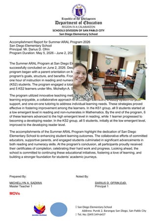 San Diego Elementary School Summer ARAL Program 2026 Accomplishment ...