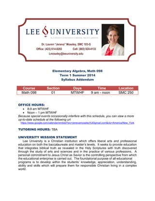 Summer 2014 moseley 098 syllabus addendum | PDF