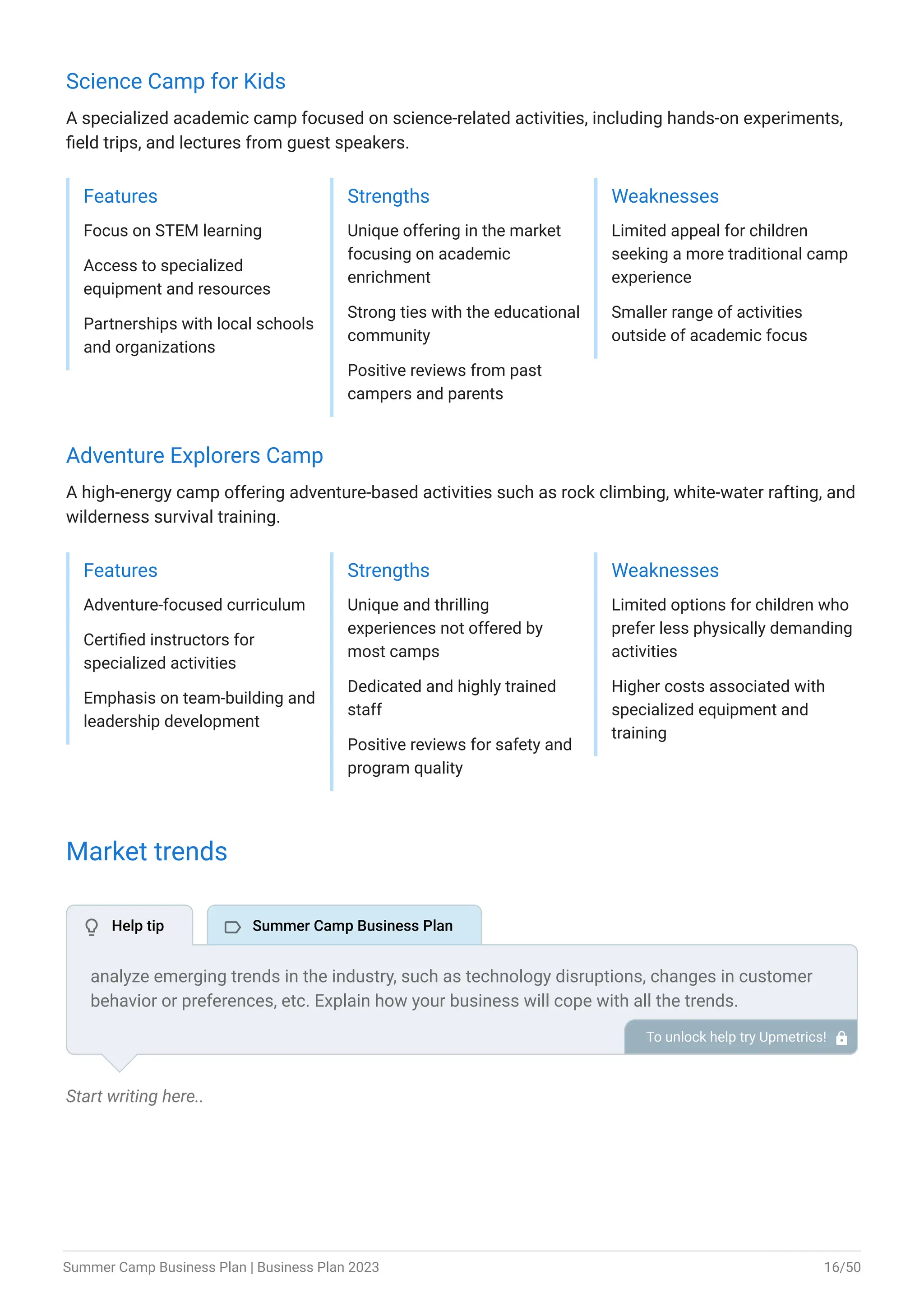 summer camp business plan example | upmetrics | PDF