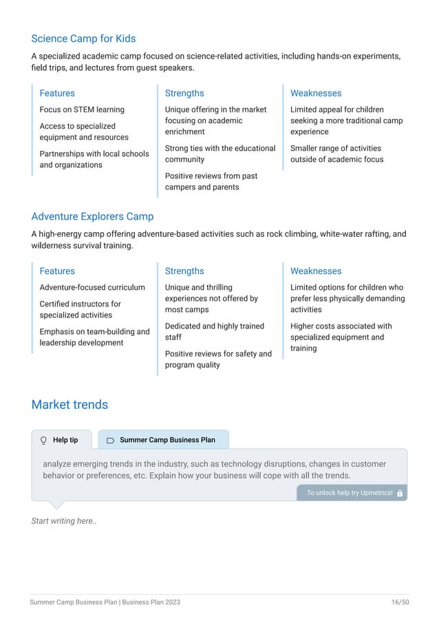 summer camp business plan example | upmetrics | PDF