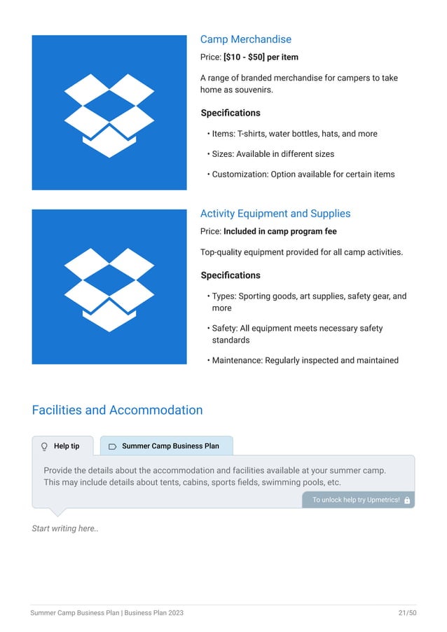 summer camp business plan example | upmetrics | PDF