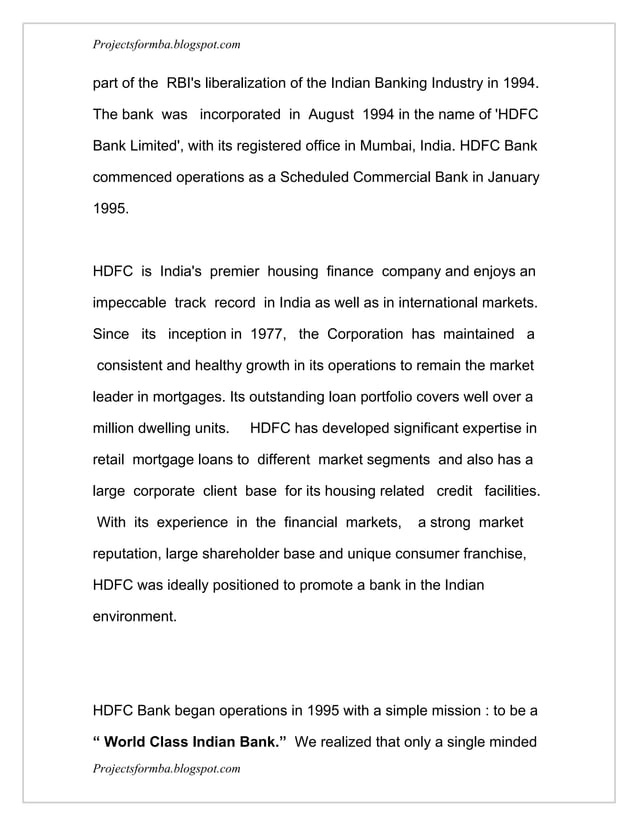 Summer internship project on hdfc | DOC | Business Banking & Finance | Business
