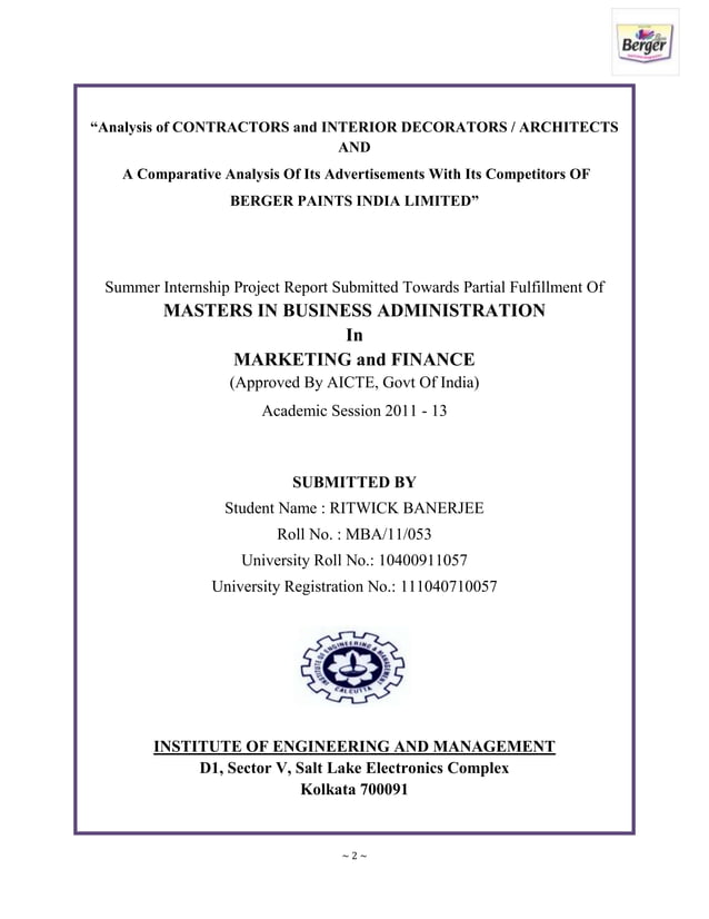 Summer internship project report berger paints marketring | DOCX ...