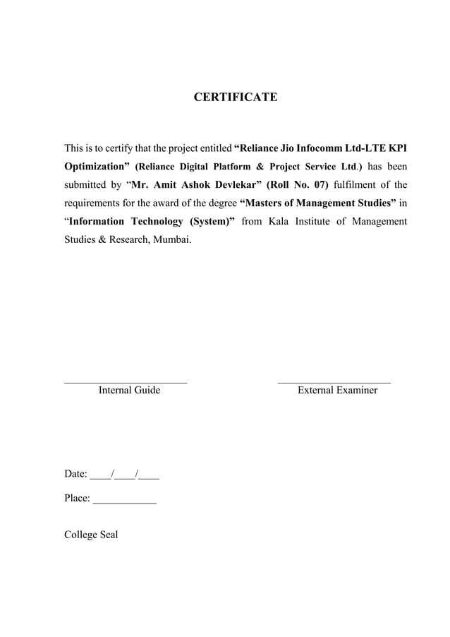 Summer internship report : LTE KPI OPTIMIZATION / Mumbai University ...