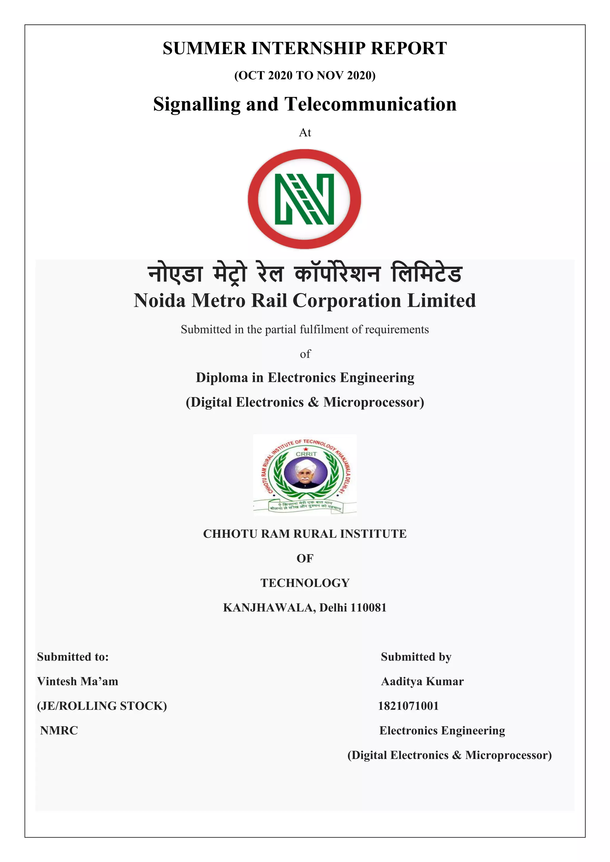 SUMMER INTERNSHIP REPORT ON NMRC (Noida Metro Rail Corporation Limited ...