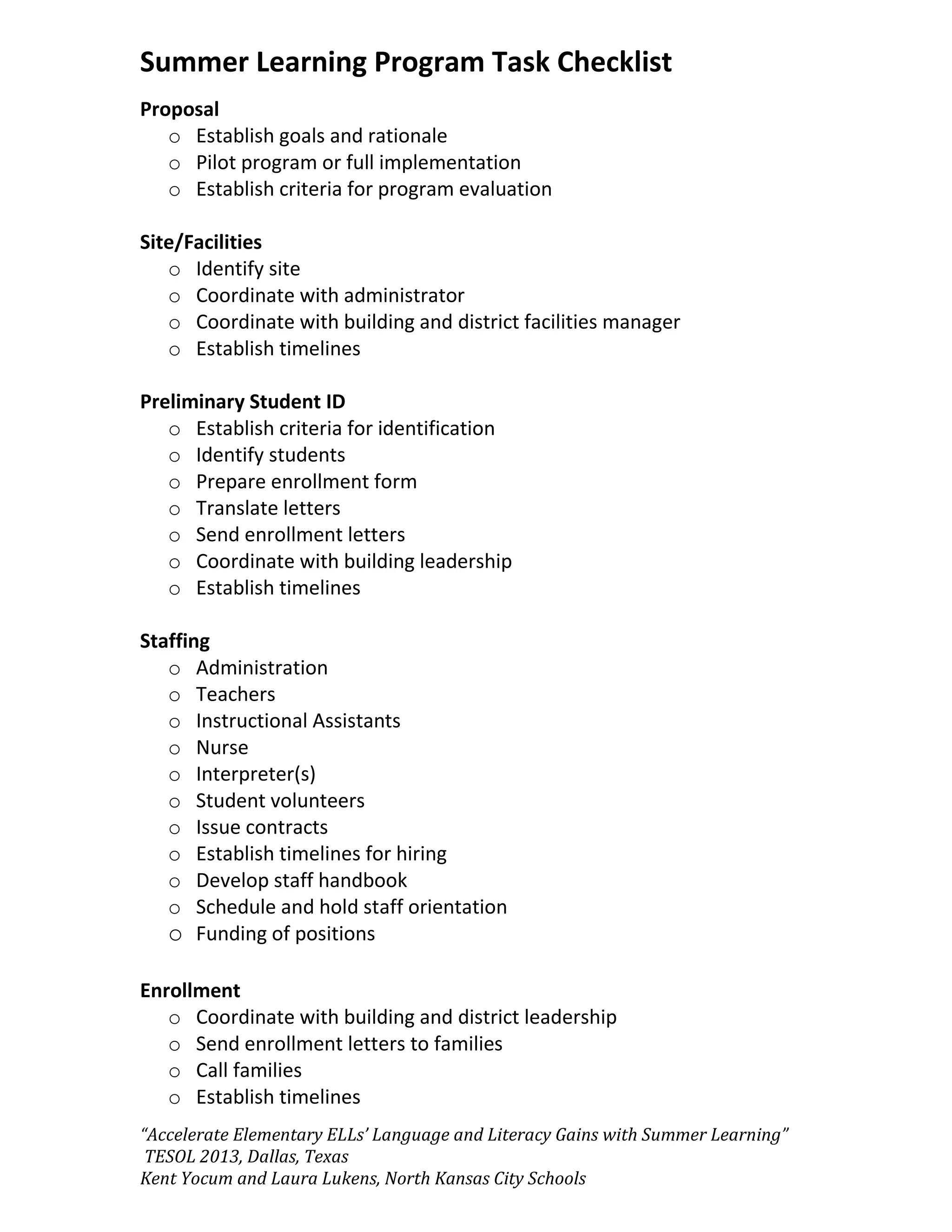 Summer learning program task checklist | PDF