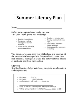 Summer Literacy Plan | DOCX