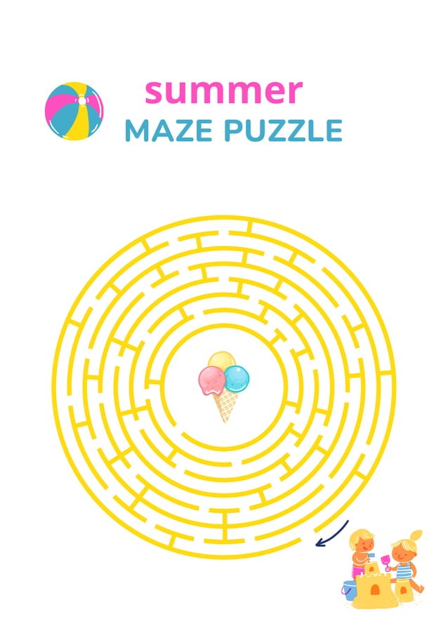 Summer Maze Puzzle Worksheets Yellow in Cute Style.pdf