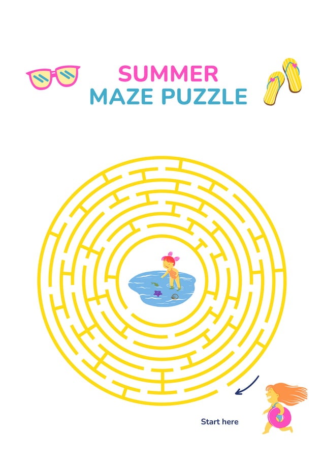 Summer Maze Puzzle Worksheets Yellow in Cute Style.pdf