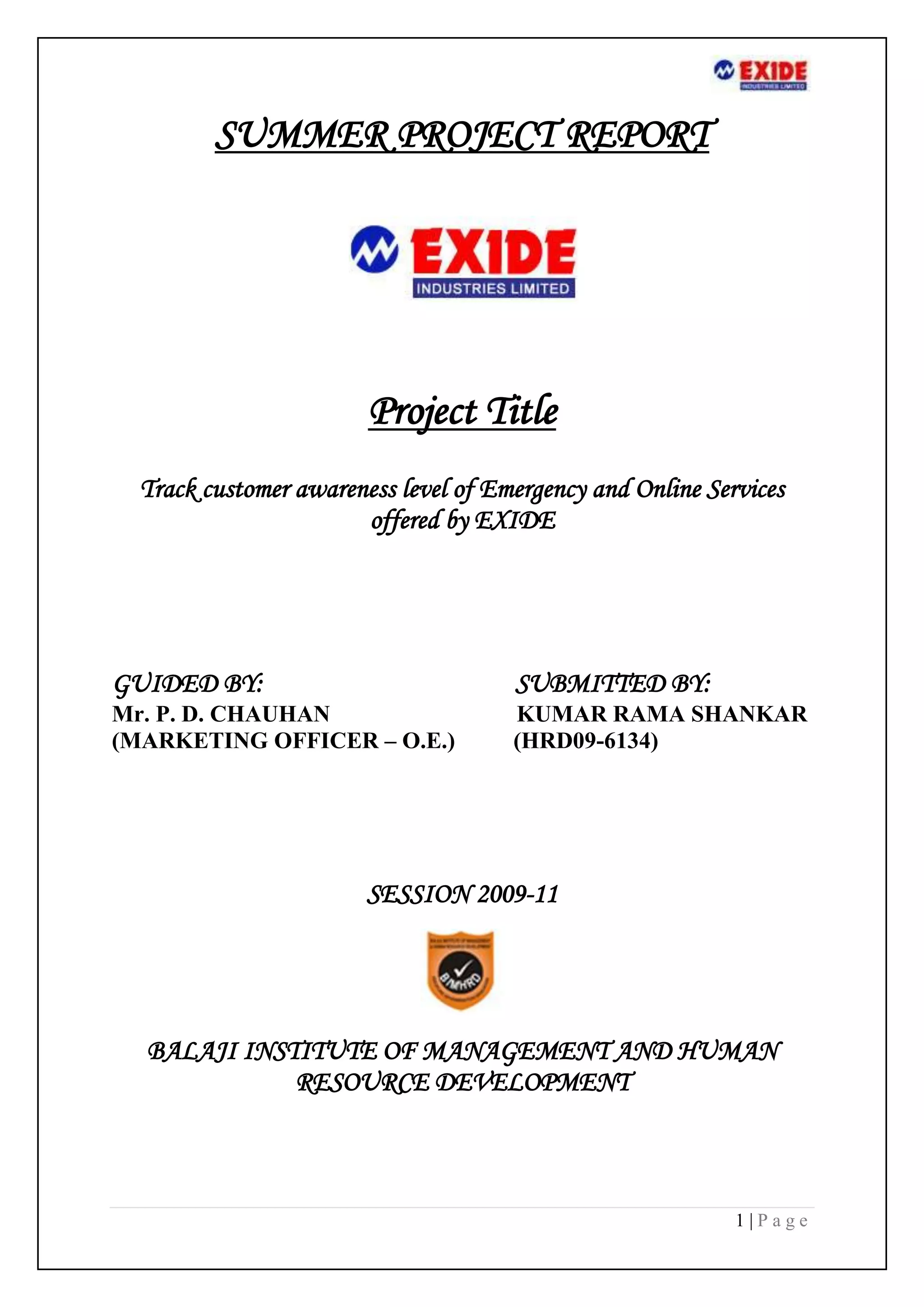 Summer project report@EXIDE INDUSTRIES PVT. LTD. | DOCX