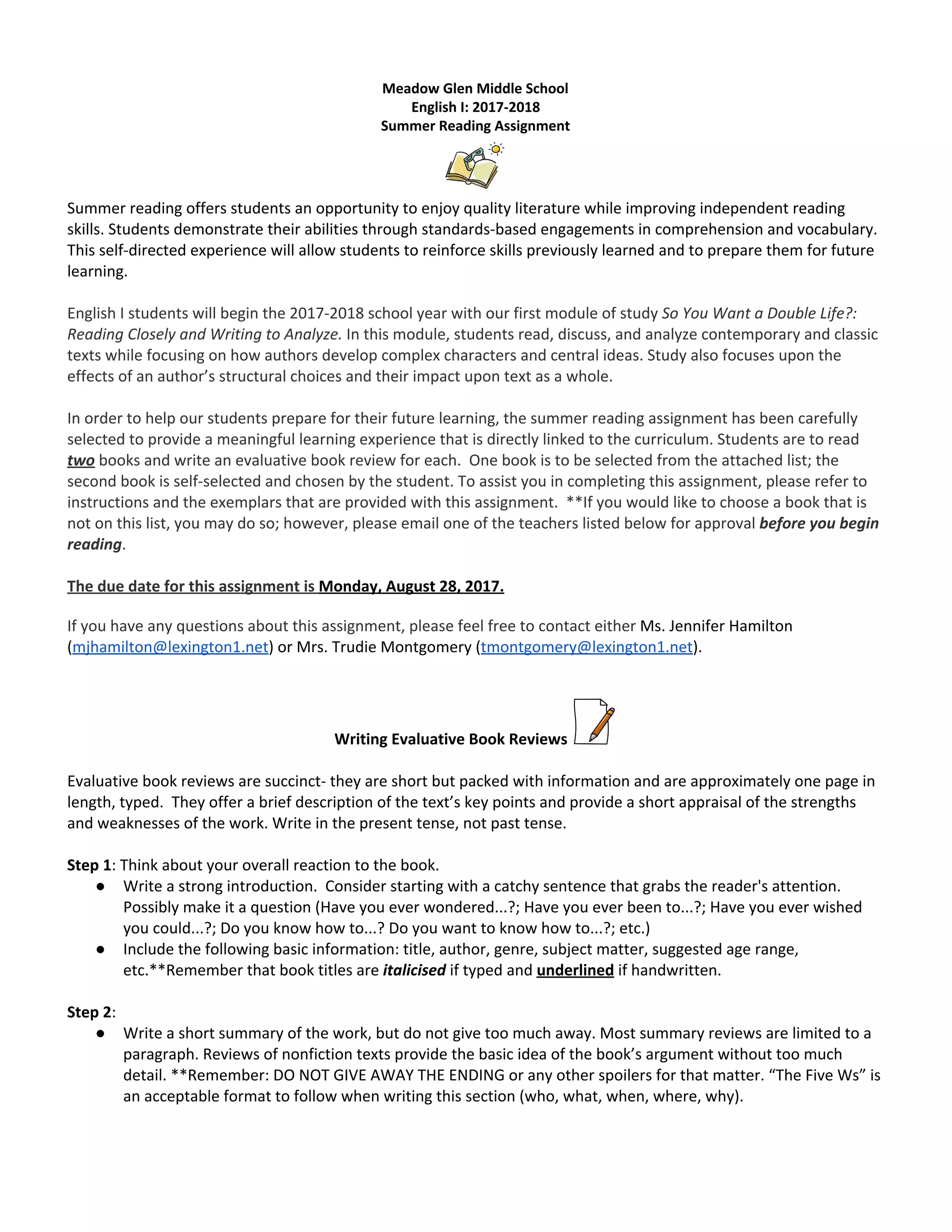 English 1 Summer Reading Assignment | PDF