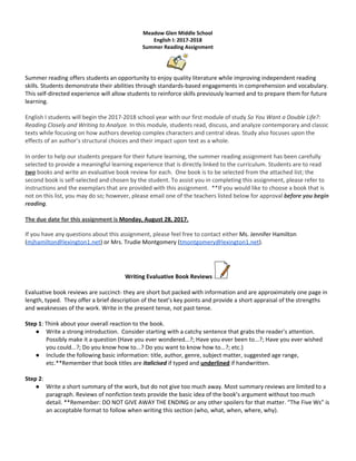 English 1 Summer Reading Assignment | PDF
