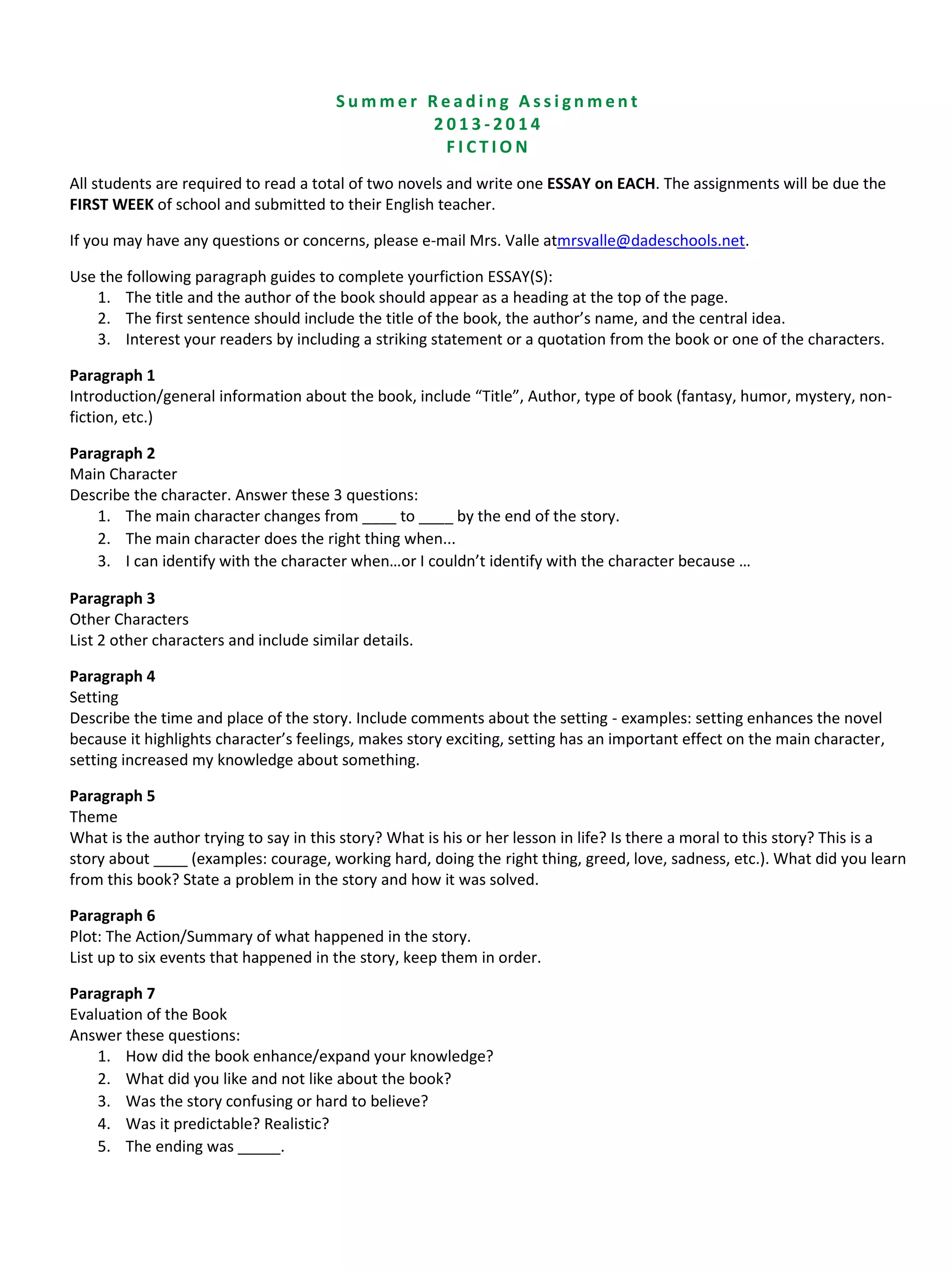 Summer reading assignment | PDF