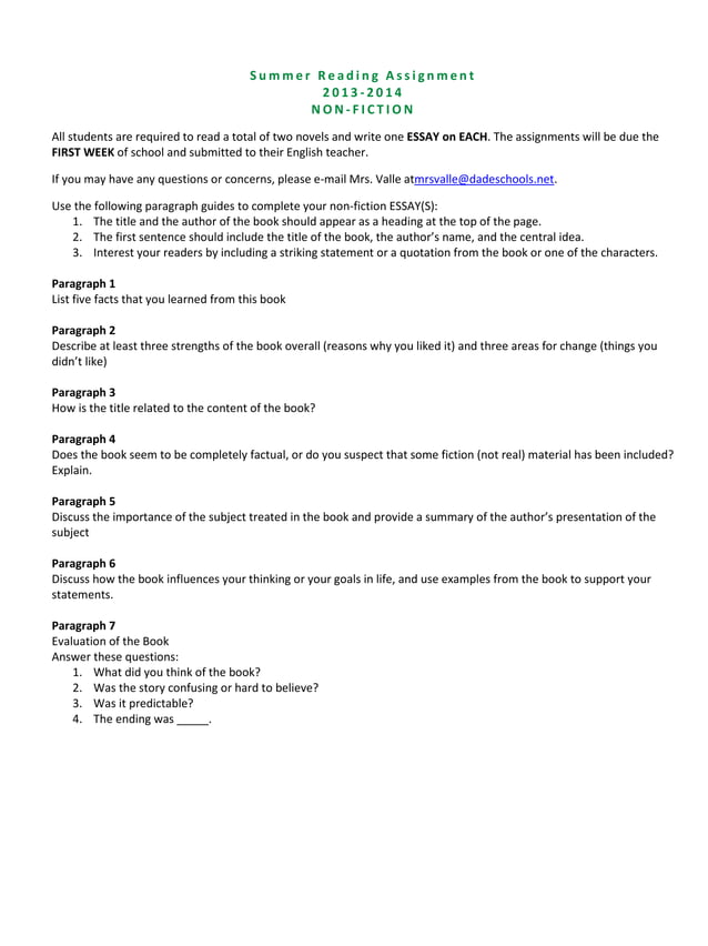 Summer reading assignment | PDF