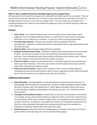 Middle School Summer Reading program Information 2013 | PDF