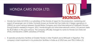 Summer training AT HONDA CARS INDIA LTD | PPTX