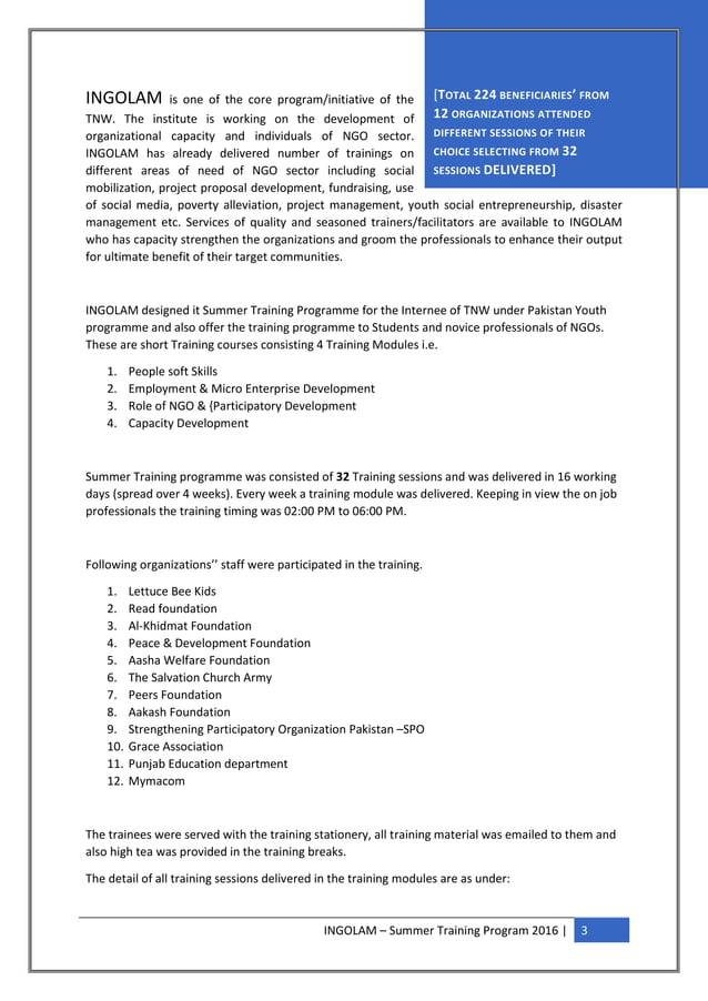 Summer Training Program 2016 - Report | PDF | Non-Profit Organizations | Industries