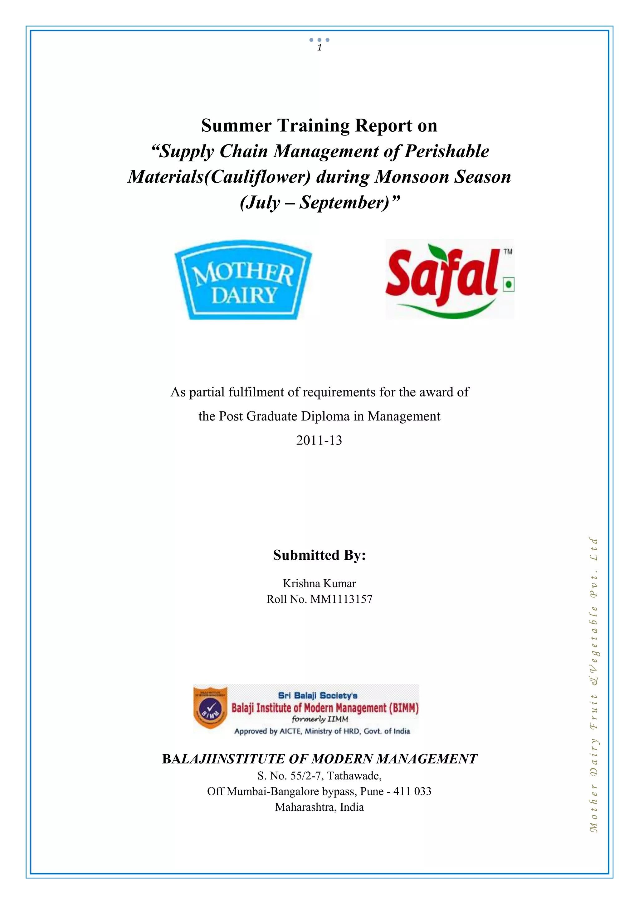 Summer report For Mother Dairy fruit & vegetable Pvt Ltd | DOCX