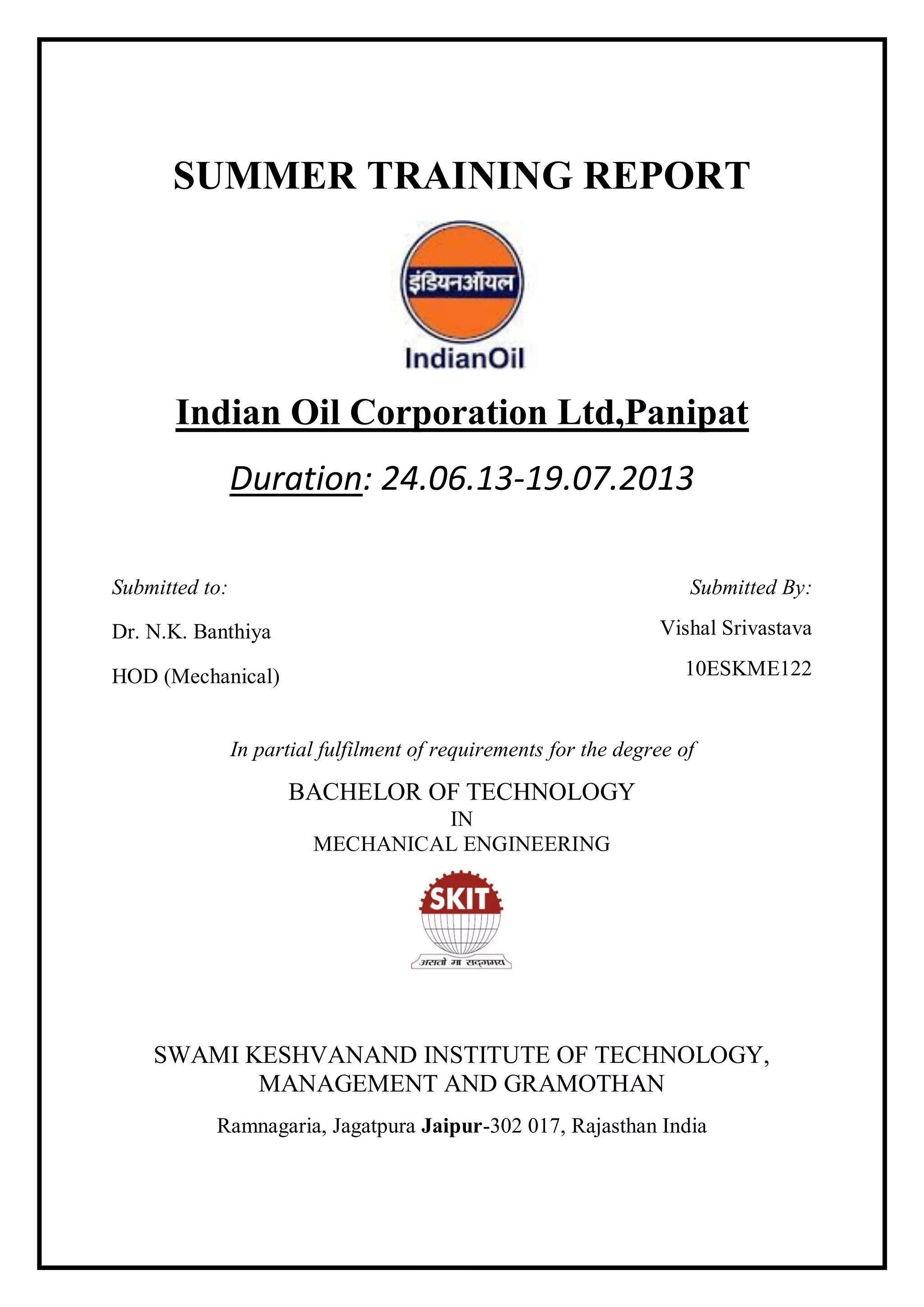 Summer Training Report at Indian Oil Corporation Panipat Refinery | PDF