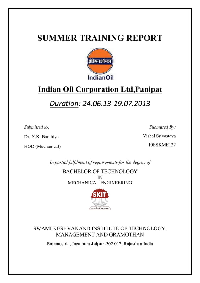 Vocational Training at IOCL, Panipat ( Mechanical Department) Report | PDF | Physics | Science