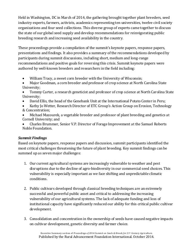 Executive Summary from Proceedings of 2014 Summit on Seeds & Breeds f…