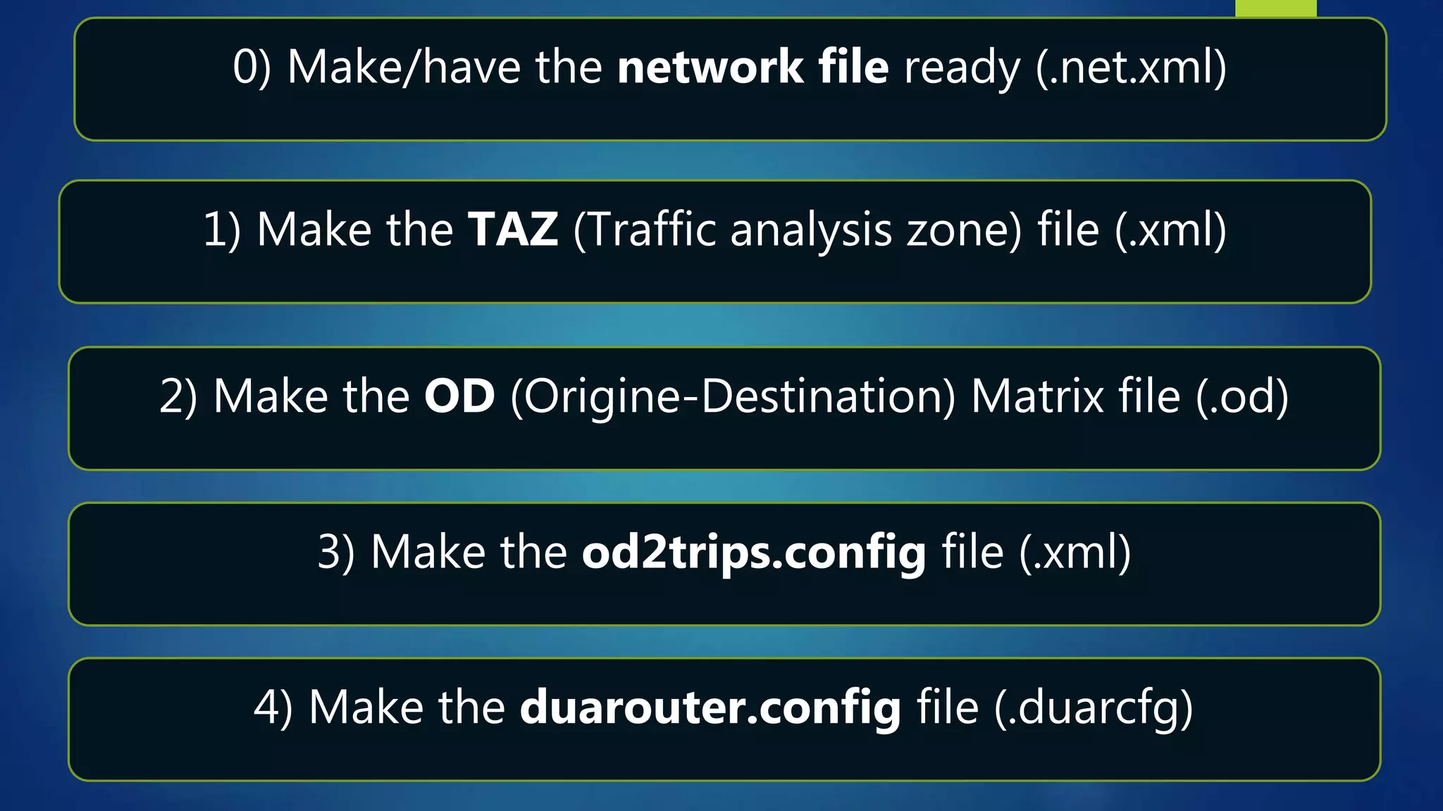 Sumo tutorial: 1) Manual Network creation, 2) OSM to Netwrok, 3) OD Matrix to trip Generation ...