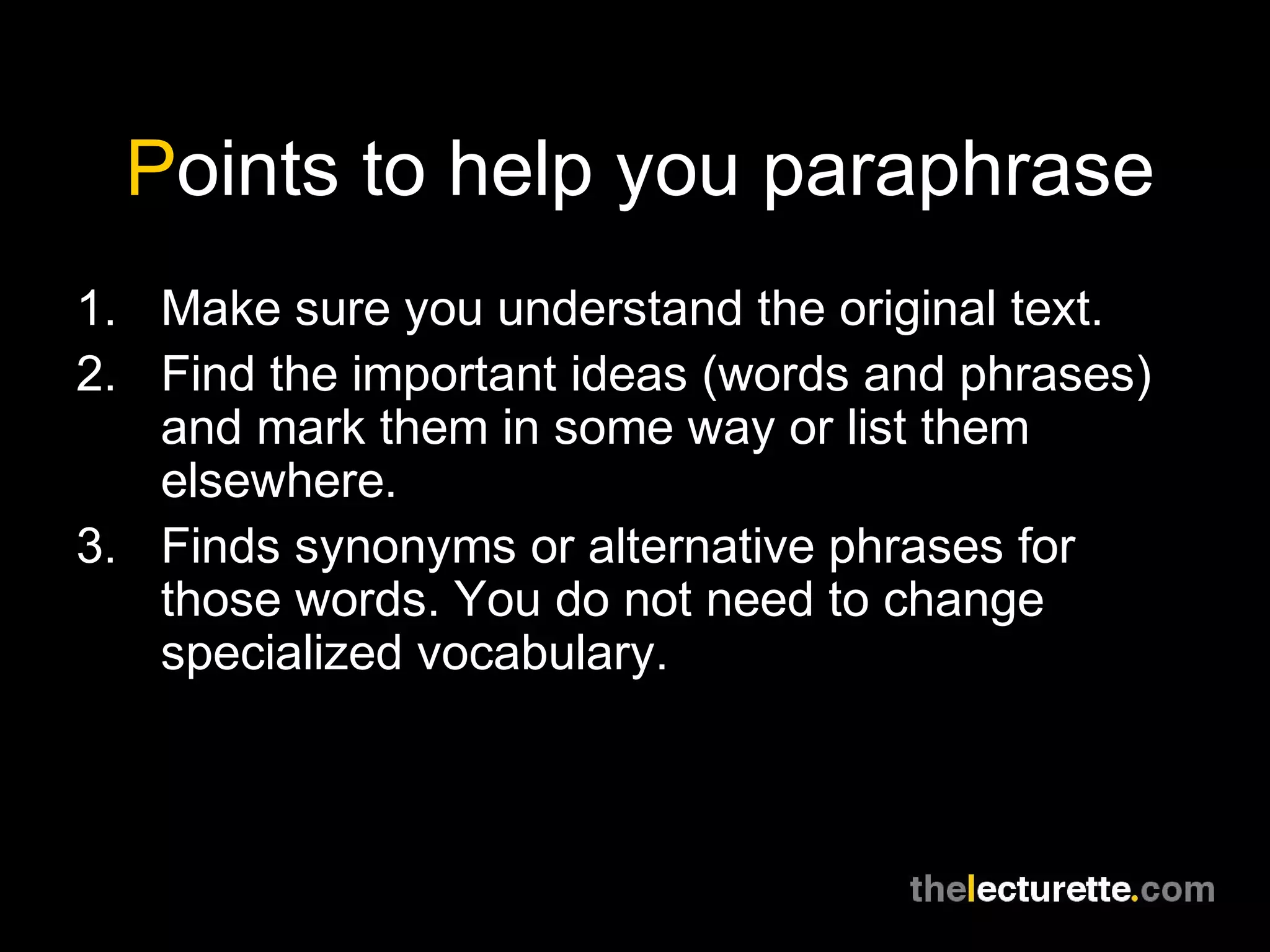 Summarizing, paraphrasing, synthesizing | PPT