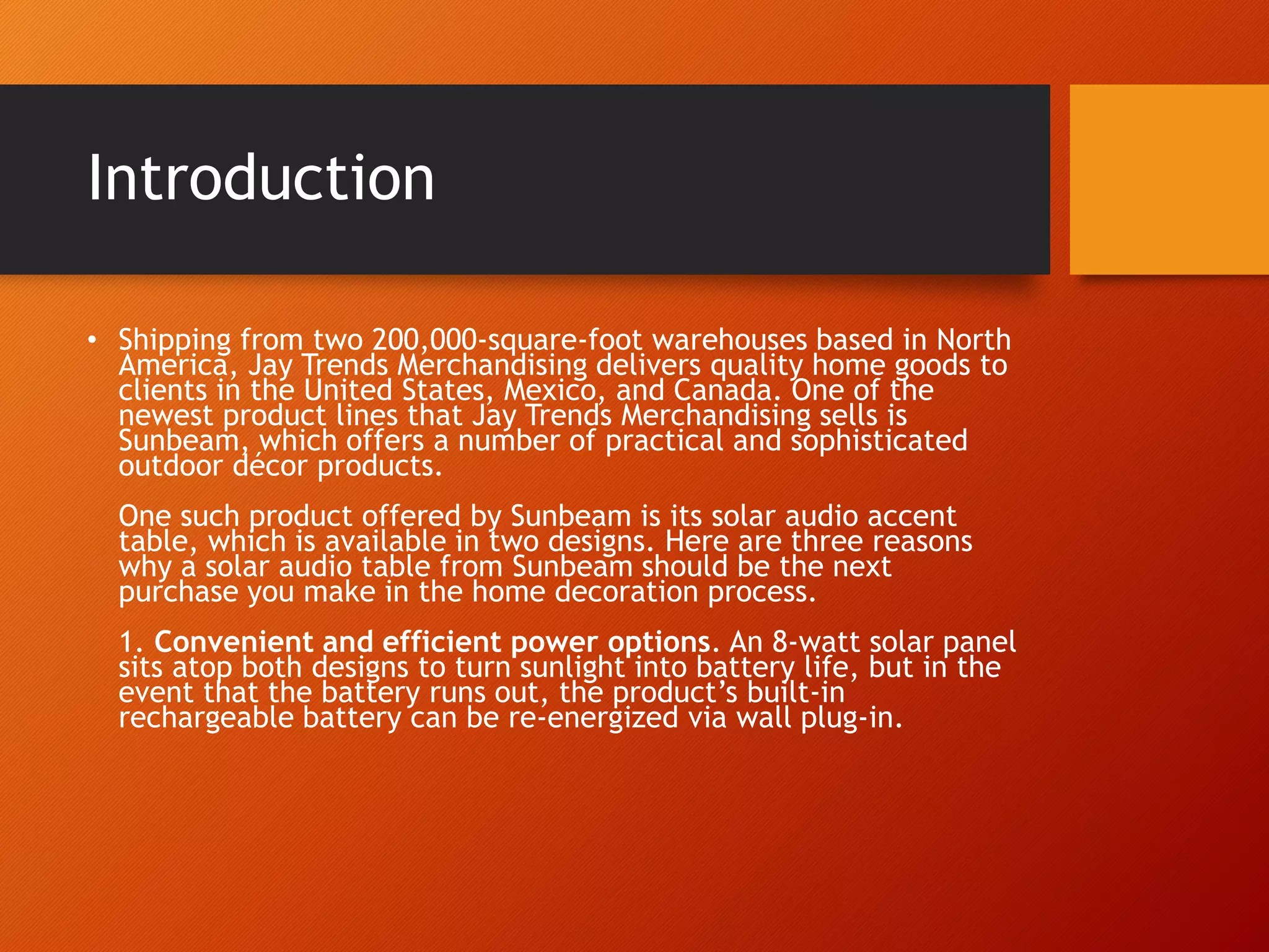 Sunbeam Solar Audio Tables Bring Elegance to the Outdoors | PPTX