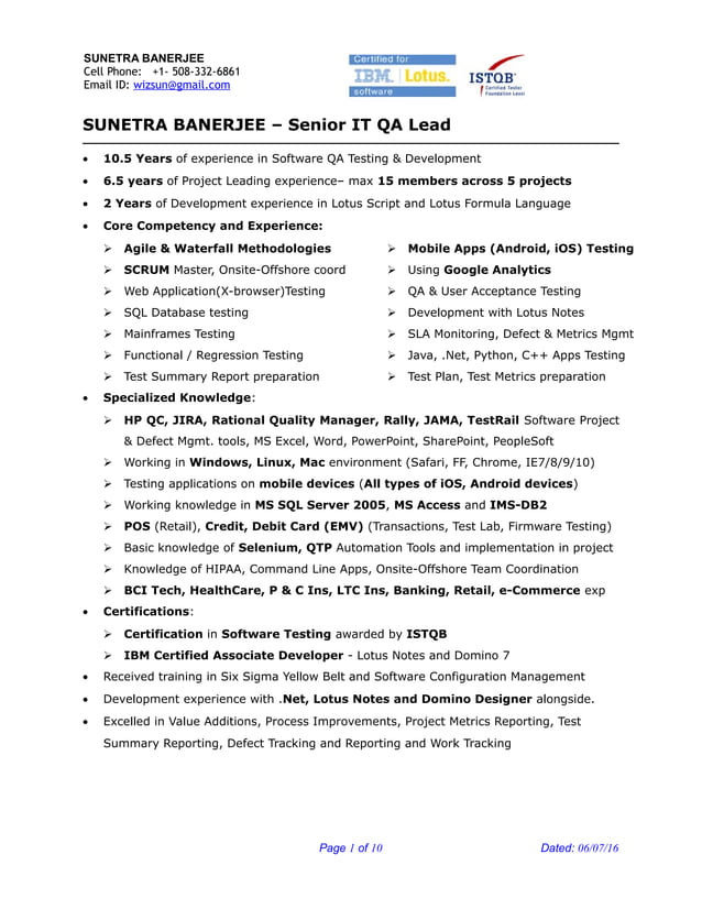 Sunetra banerjee-sr-qa-engineer-project-lead resume | DOC | Operating Systems | Computer ...