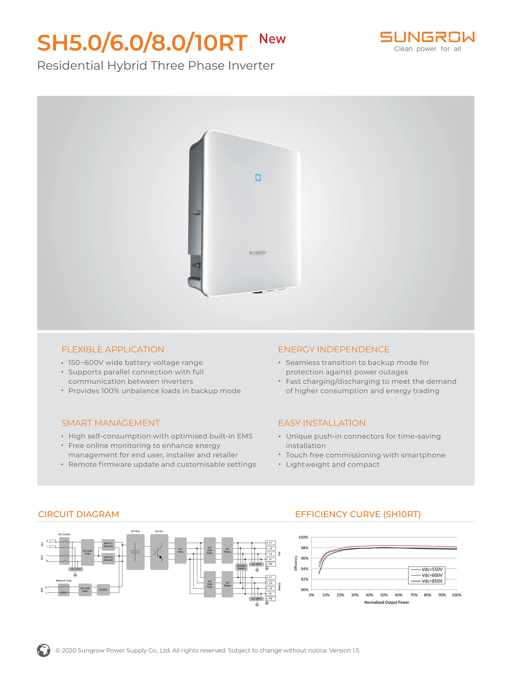 Sungrow SH5.0/6.0/8.0/10RT Hybrid Inverter Data Sheet | PDF