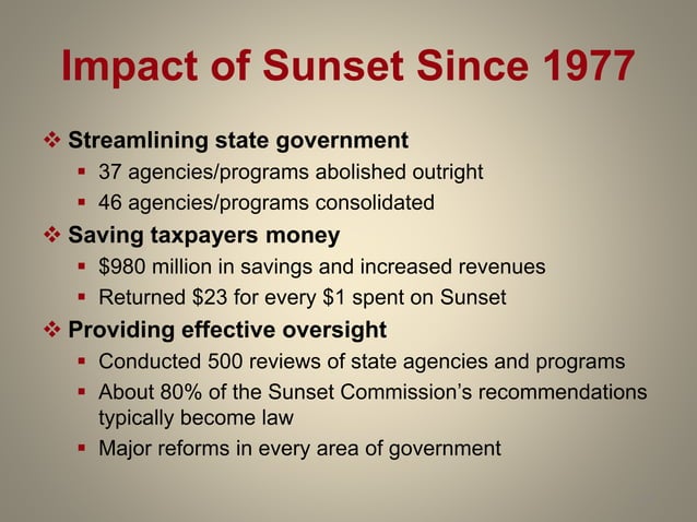 Overview of the Sunset Process in Texas | PPTX | Law