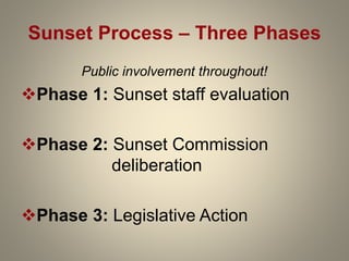 Overview of the Sunset Process in Texas | PPTX | Law