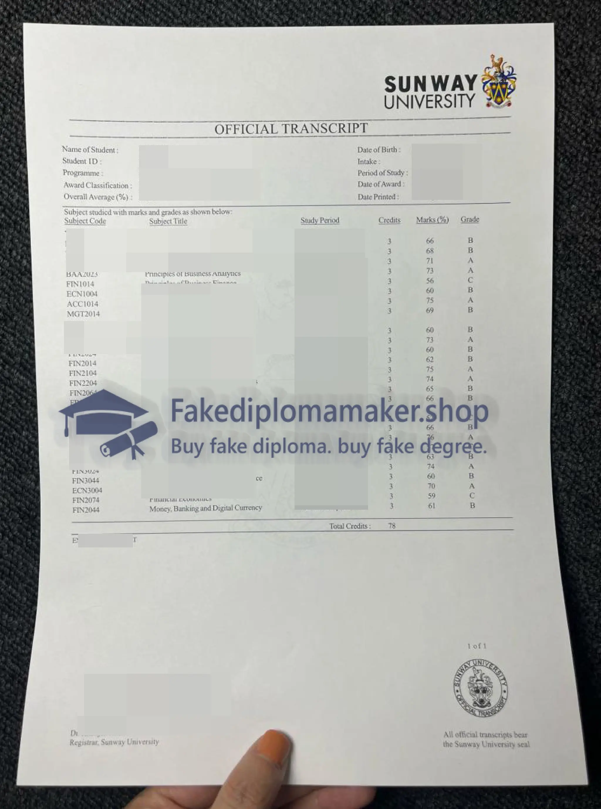 Buy fake Sunway University transcript.pdf | Free Download