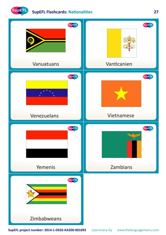 SupEFL flashcards: nationalities (in english) | PDF