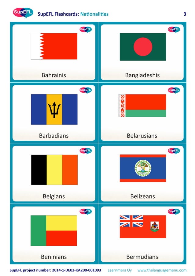 SupEFL flashcards: nationalities (in english) | PDF