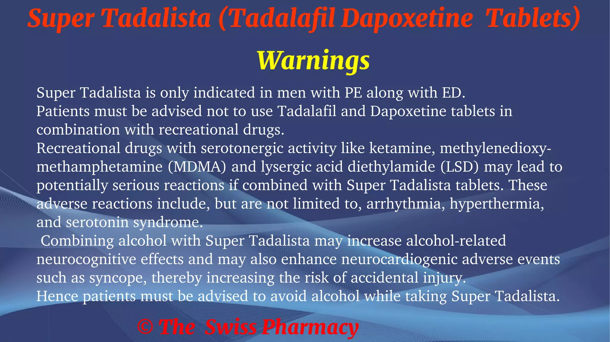 Super Tadalista Tablets (Tadalafil and Dapoxetine Combination Tablets) | PDF
