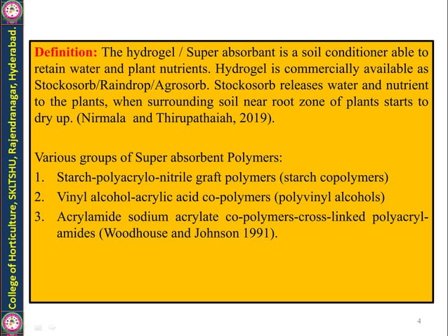 Applications of Super absorbants in Horticulture by Y. Pooja | PPT