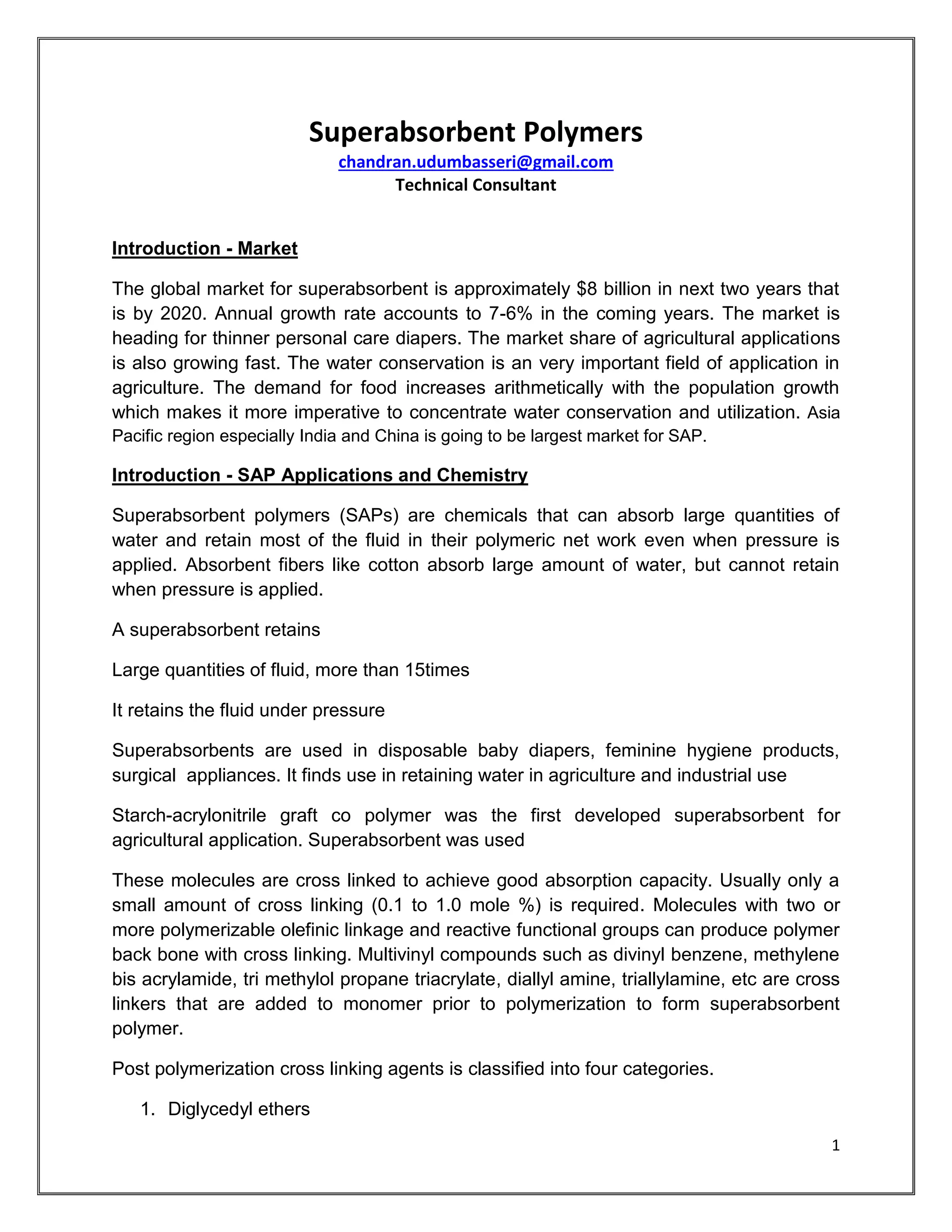 Superabsorbent Market - Application - Production | PDF