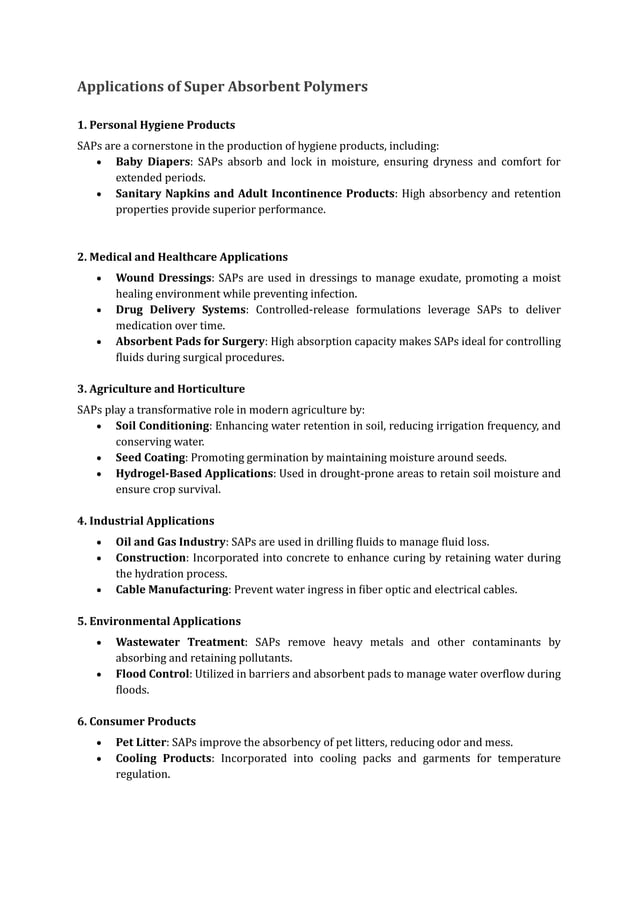 Super Absorbent Polymers (SAP): Applications, Usage, and Description | PDF