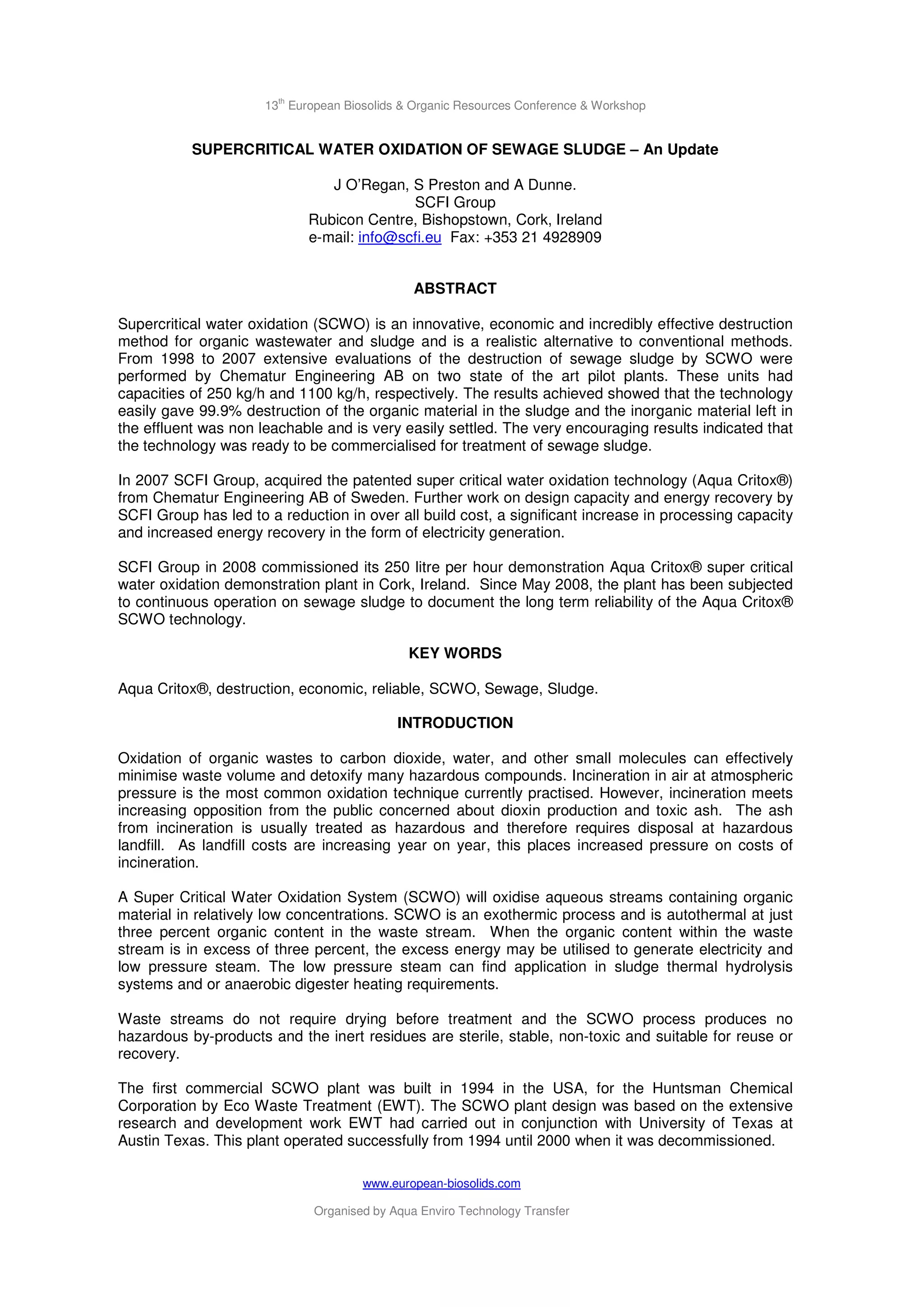 Supercritical Water Oxidation Of Sewage Sludge An Update | PDF
