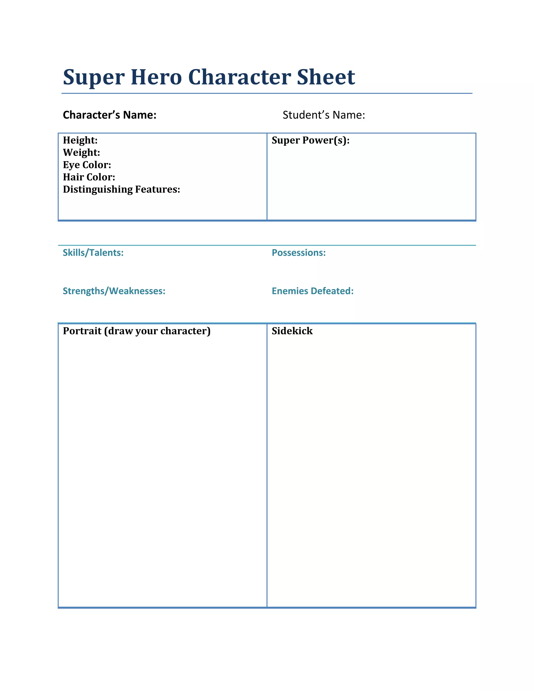 Super hero character sheet - Gamified Classroom | DOCX