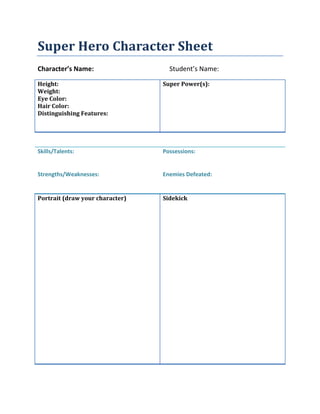 Super hero character sheet - Gamified Classroom | DOCX
