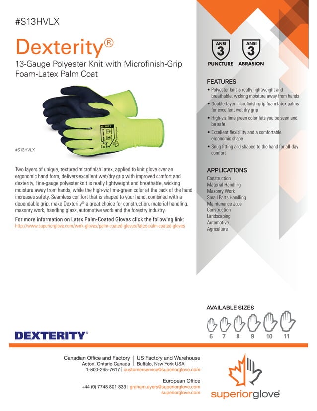 Superior glove.com-s13 hvlx-dexterity-lx-13-gauge-high-viz-polyester-knit-microfinish-grip-foam ...