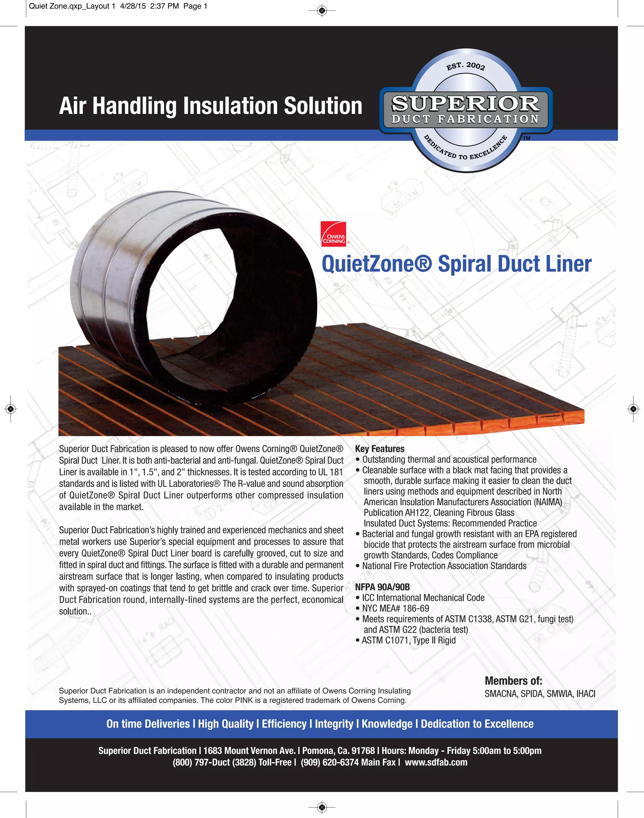 Owens Corning Spiral Duct Liner now being manufactured by Superior Duct Fabrication | PDF