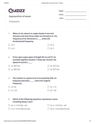 Chapter 6 - Superposition of waves - quizizz | PDF
