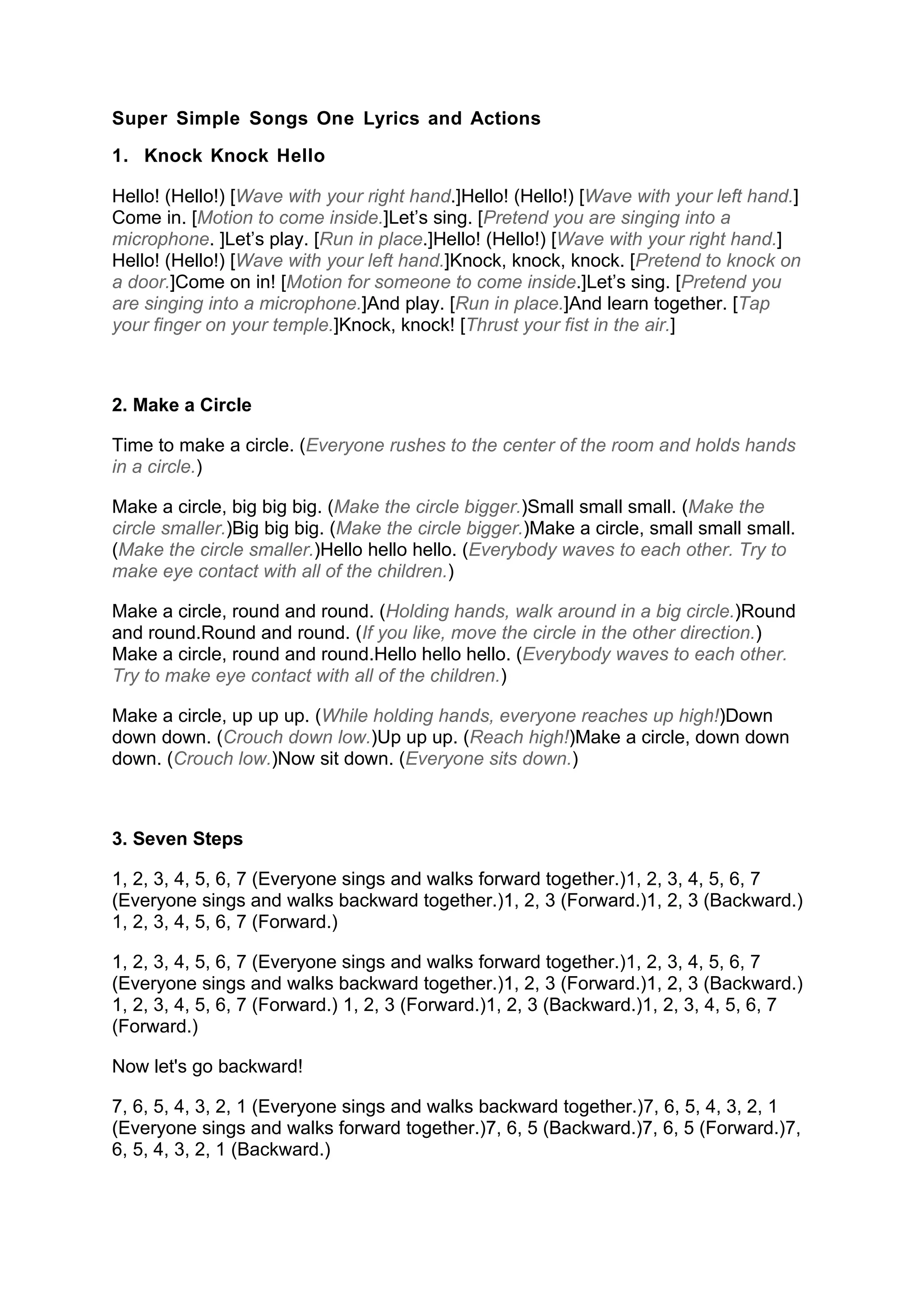 Super simple songs one lyrics and actions | RTF