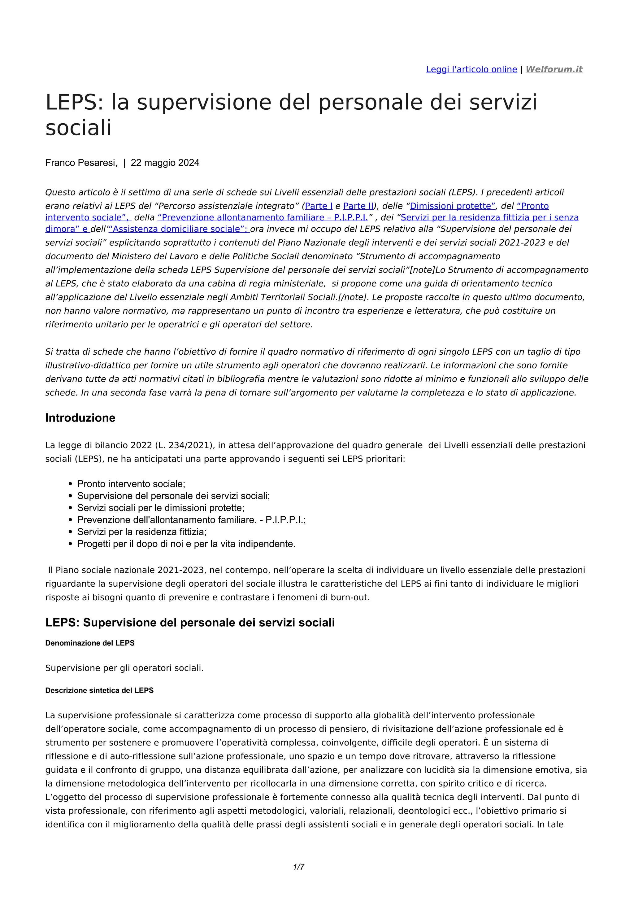 LEPS: la supervisione del personale dei servizi sociali | PDF