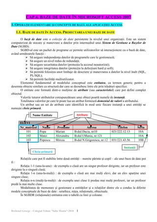 Suport cls10-tic-cap01-01-baze de date în microsoft access 2007 - operatii elementare | PDF