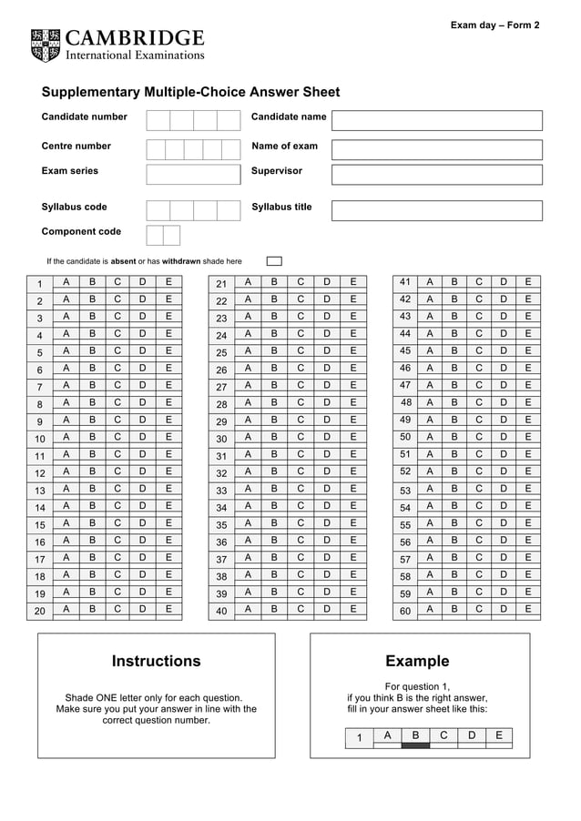 Supplementary multiple choice answer sheet - exam day - form 2 | PDF ...